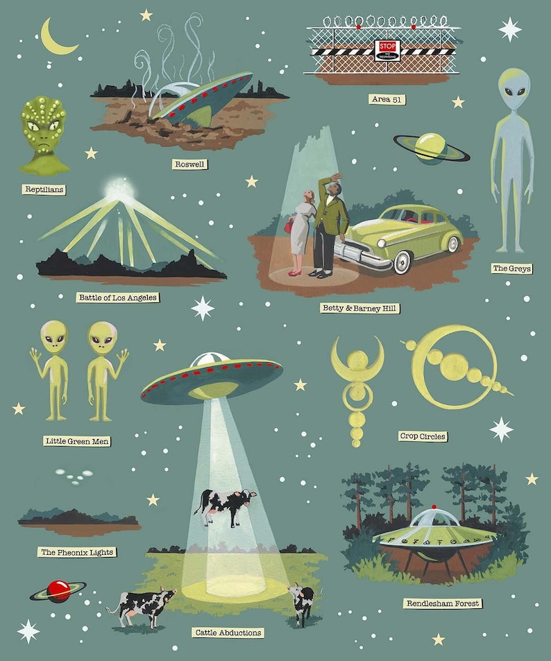 UFO Print Flying Saucer Poster Retro Space Roswell Area | Etsy