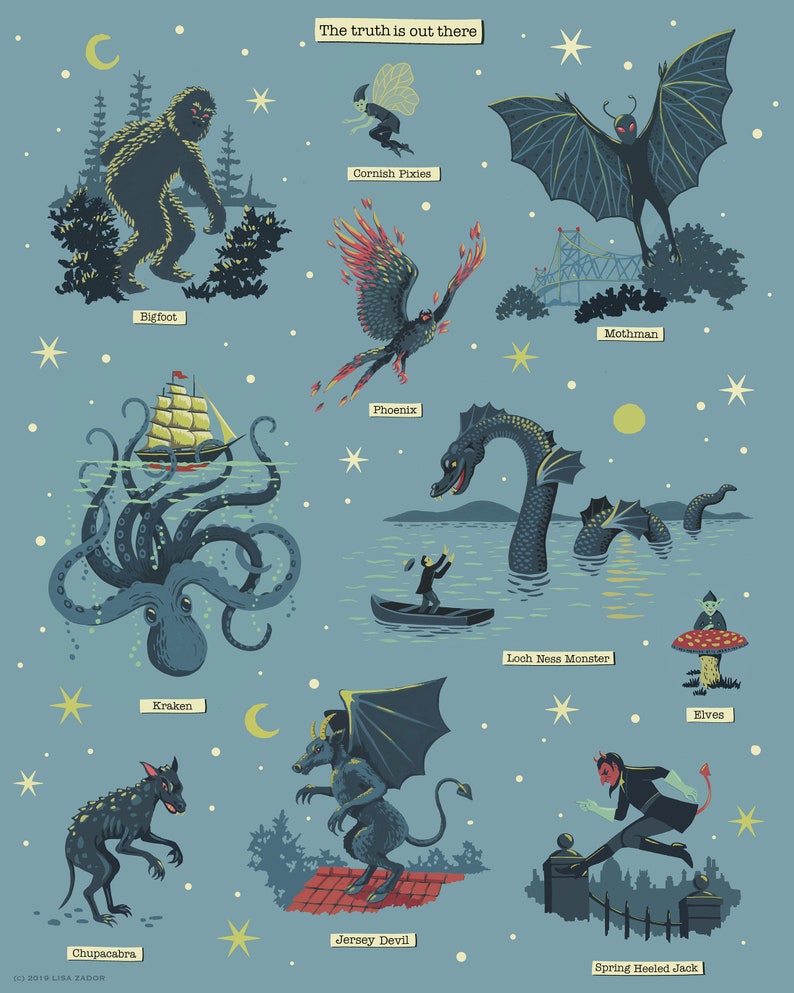 Cryptozoology Print Cryptids Poster Big Foot Loch Ness | Etsy