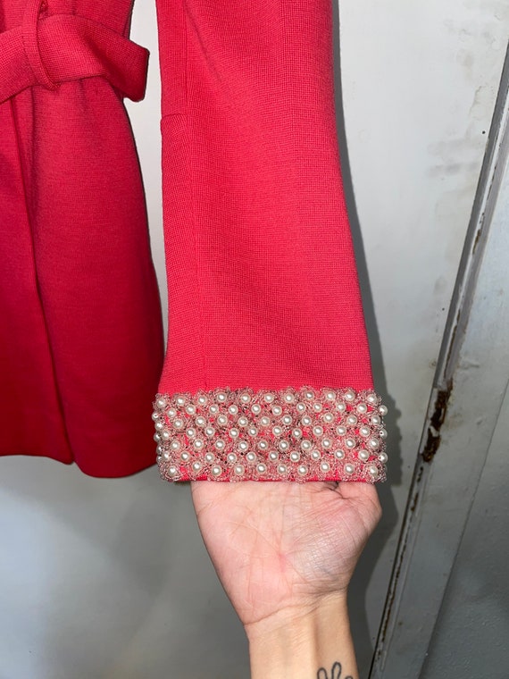 1960s Pink Belted Jacket with Pearl Beaded Collar, Cu… - Gem