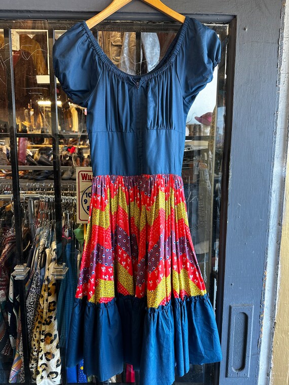 1960s Patchwork Print and Blue Square Dancing Dress - Gem