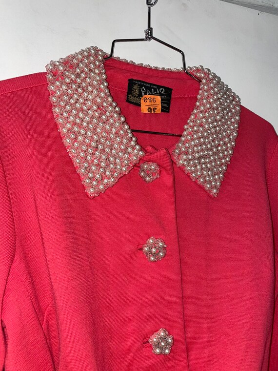 1960s Pink Belted Jacket with Pearl Beaded Collar, Cu… - Gem