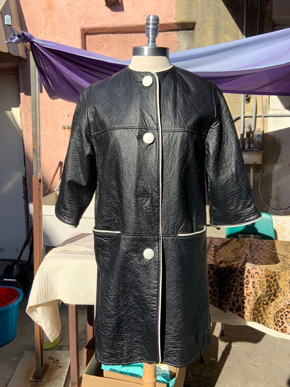 1960s MOD Black Pleather Jacket with White Piping - Gem