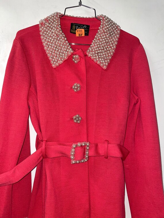 1960s Pink Belted Jacket with Pearl Beaded Collar, Cu… - Gem