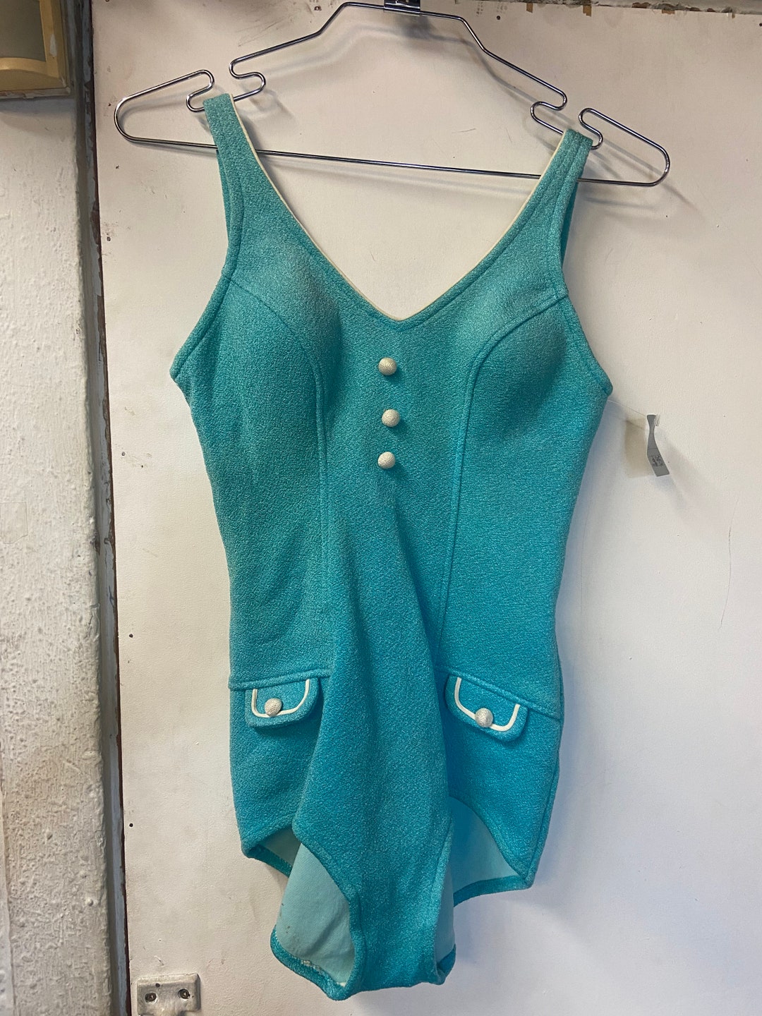 1960’s Turquoise One Piece Swimsuit / Built-in Bra / White Buttons ...