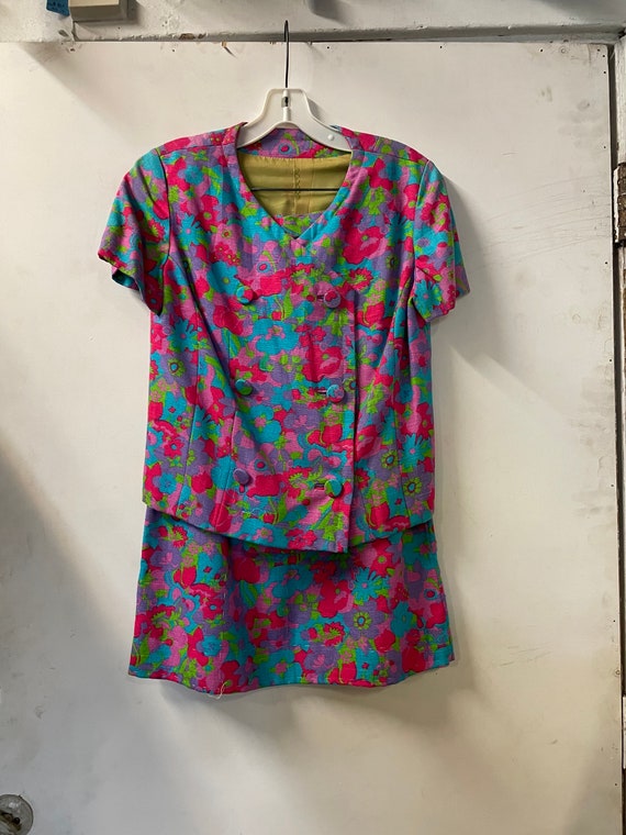 1960s Bright Floral Print Skirt Suit - Gem