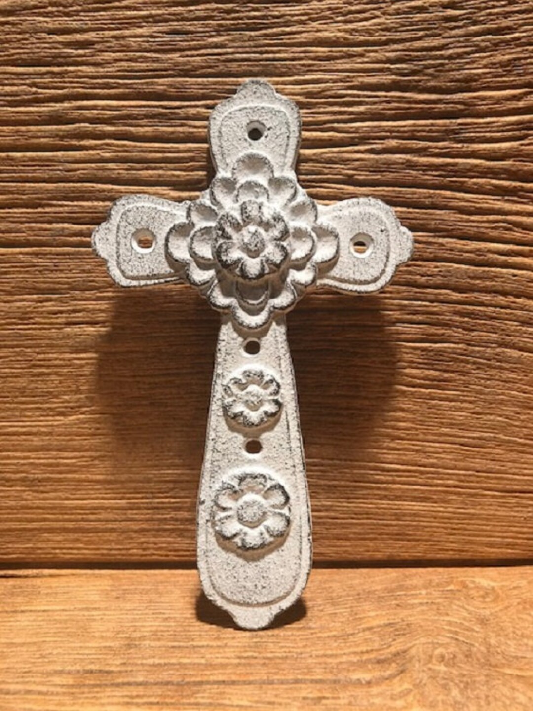 Cast Iron Small Cross Whitewashed 8 Tall by 4 3/4 Wide Flower Cross ...