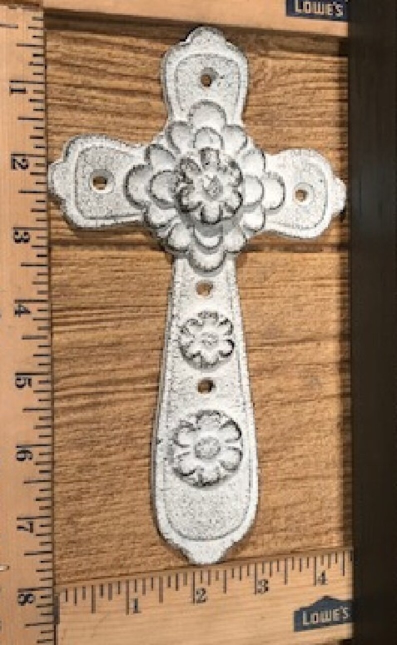 Cast Iron Small Cross Whitewashed 8 Tall by 4 3/4 Wide Flower Cross ...