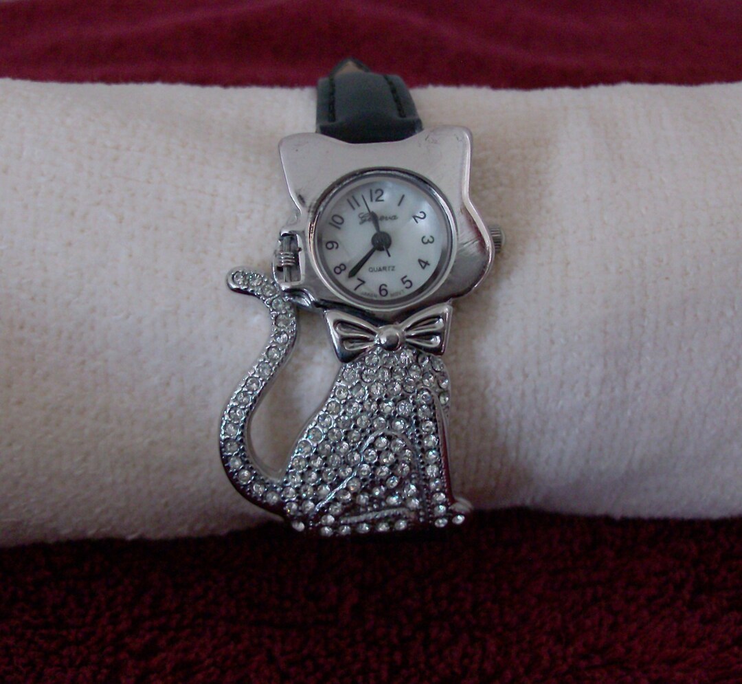 Geneva Platinum Cat Wristwatch, Art Deco, Glitzy, Silver Tone Jeweled ...