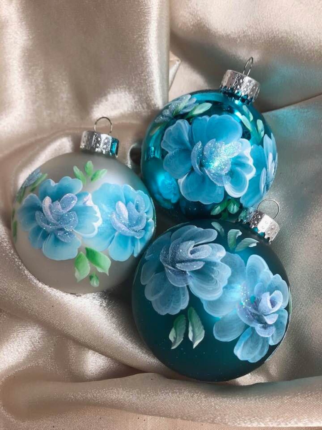 Hand Painted Large Blue Rose on Glass Christmas Ornament - Etsy
