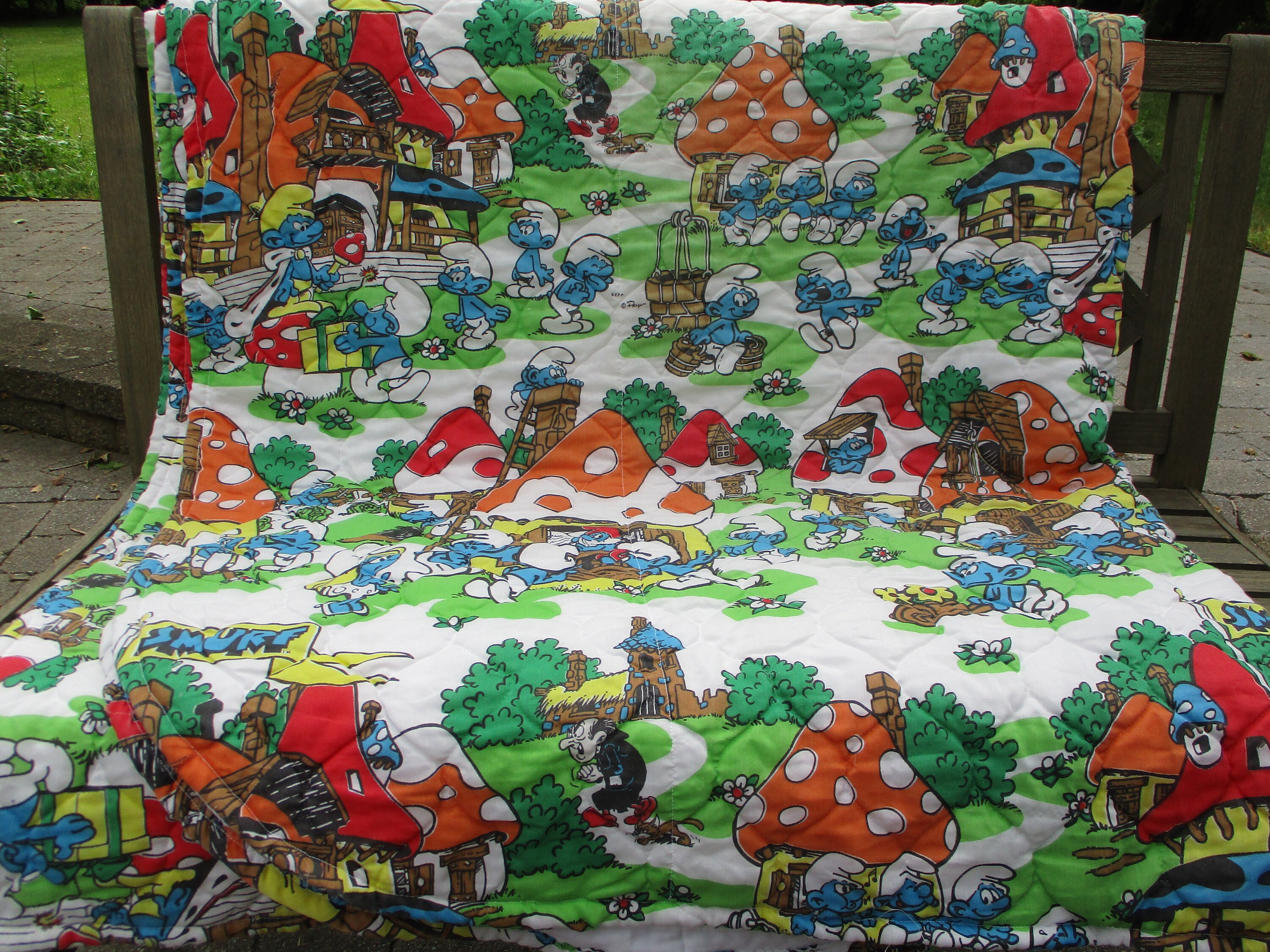 Vintage C80's Smurf Full, Quilted Bedspread, REVERSIBLE/ Sateen Backing ...
