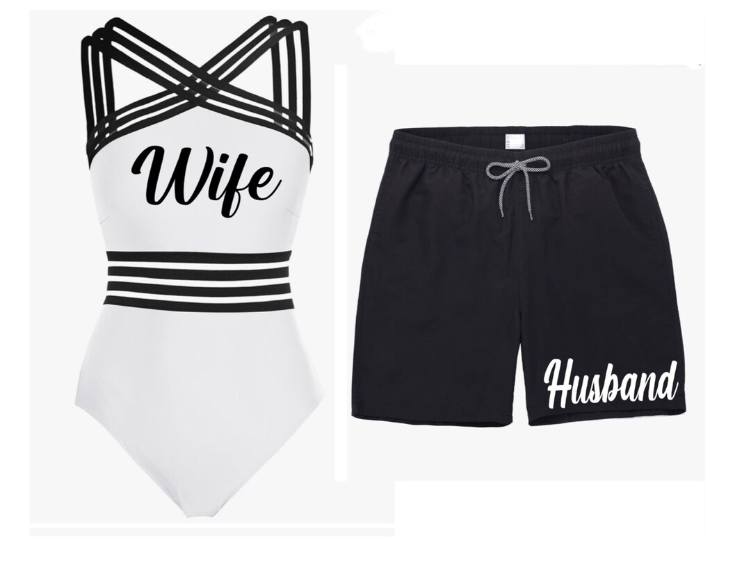 Honeymoon Wife Husband Bride Groom Matching Black and White Bathing ...