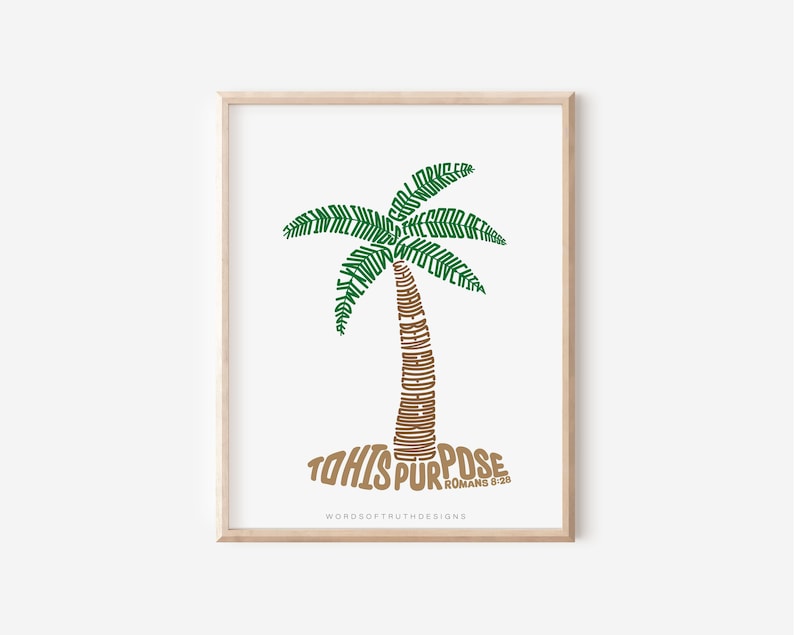 DIGITAL Palm Tree Christian Art Print, Romans 8:28 Scripture Word Art ...