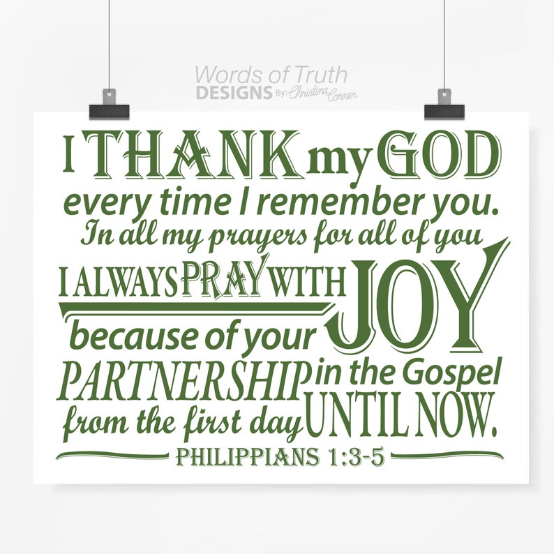 PRINTABLE Philippians 1:3-5 Scripture Word Art Print I Thank | Etsy