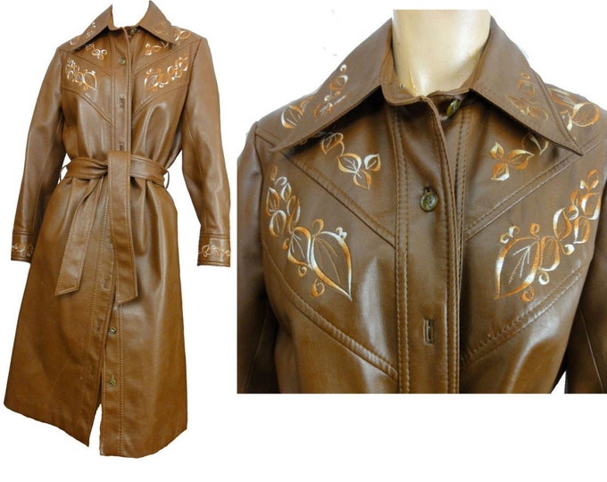 Boho Hippie 70s Coat Floral Embroidery Vintage Faux Leather Vinyl ...