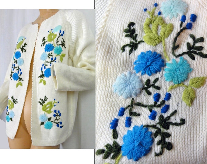 Vintage 60s Sweater Jacket Blue and Green Floral Embroidery - Etsy