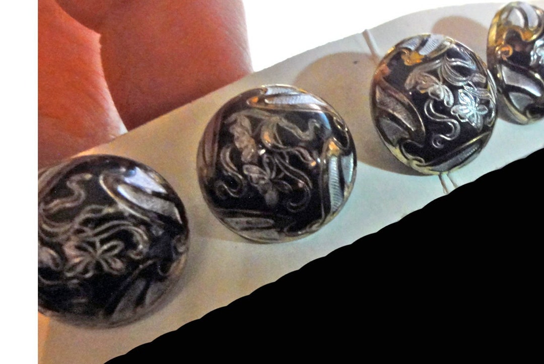Antique Enamel Damascene Metal Buttons Set of 6 Black Domed Shanks ...
