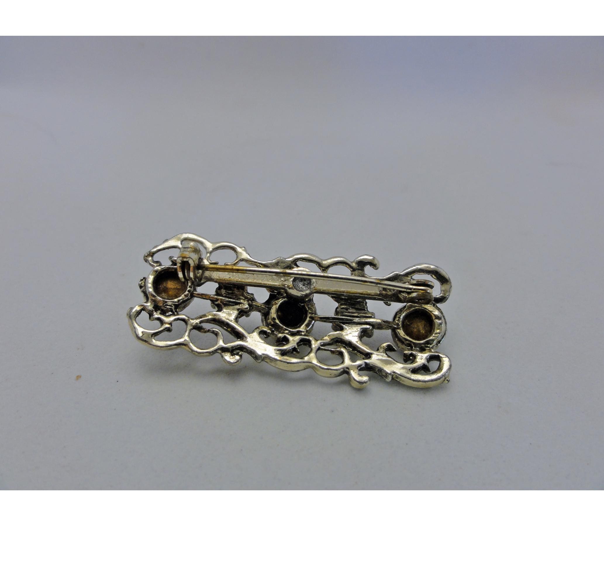 Vintage 1928 Jewelry Brooch Rectangle Bar Pin Silver Tone Filigree and ...