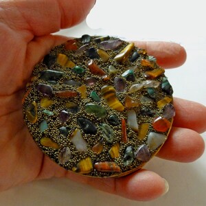 Vintage 1950s Powder Compact "sam Fink" Semi-precious Stones Round Gold ...