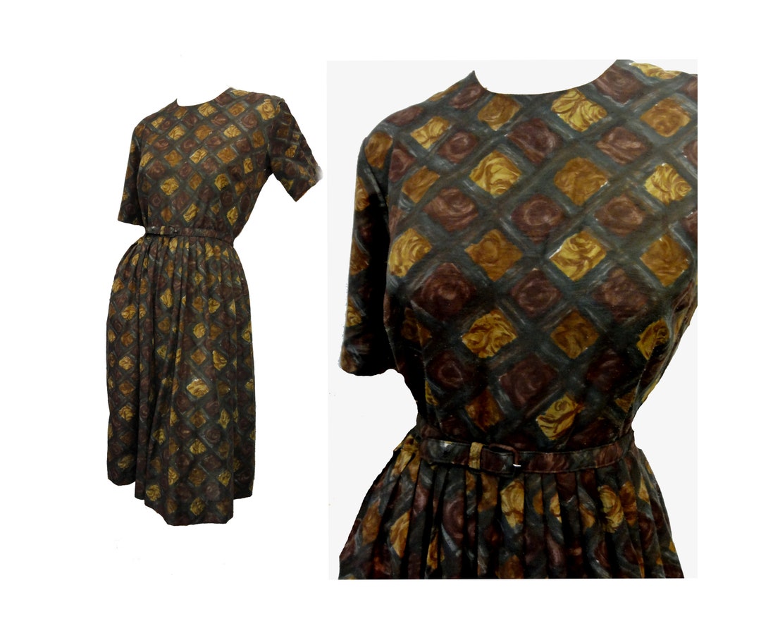 Vintage 1960s Dress Fall Colors Green Brown Gold Abstract Print Pleated ...
