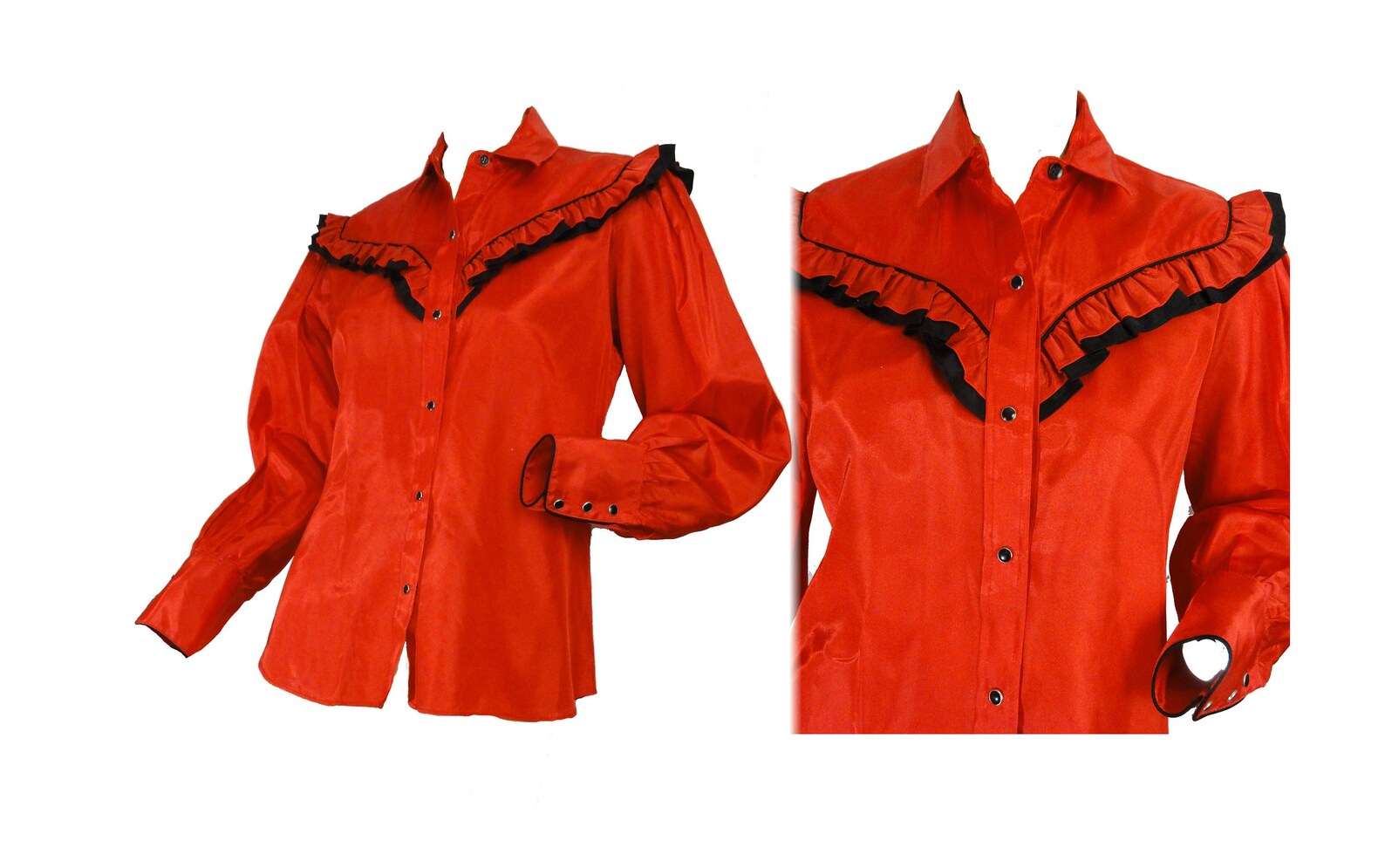 1970s Western Shirt Red & Black Cowgirl Rodeo Blouse Ruffles Snaps Long ...