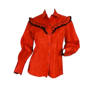 1970s Western Shirt Red & Black Cowgirl Rodeo Blouse Ruffles Snaps Long ...