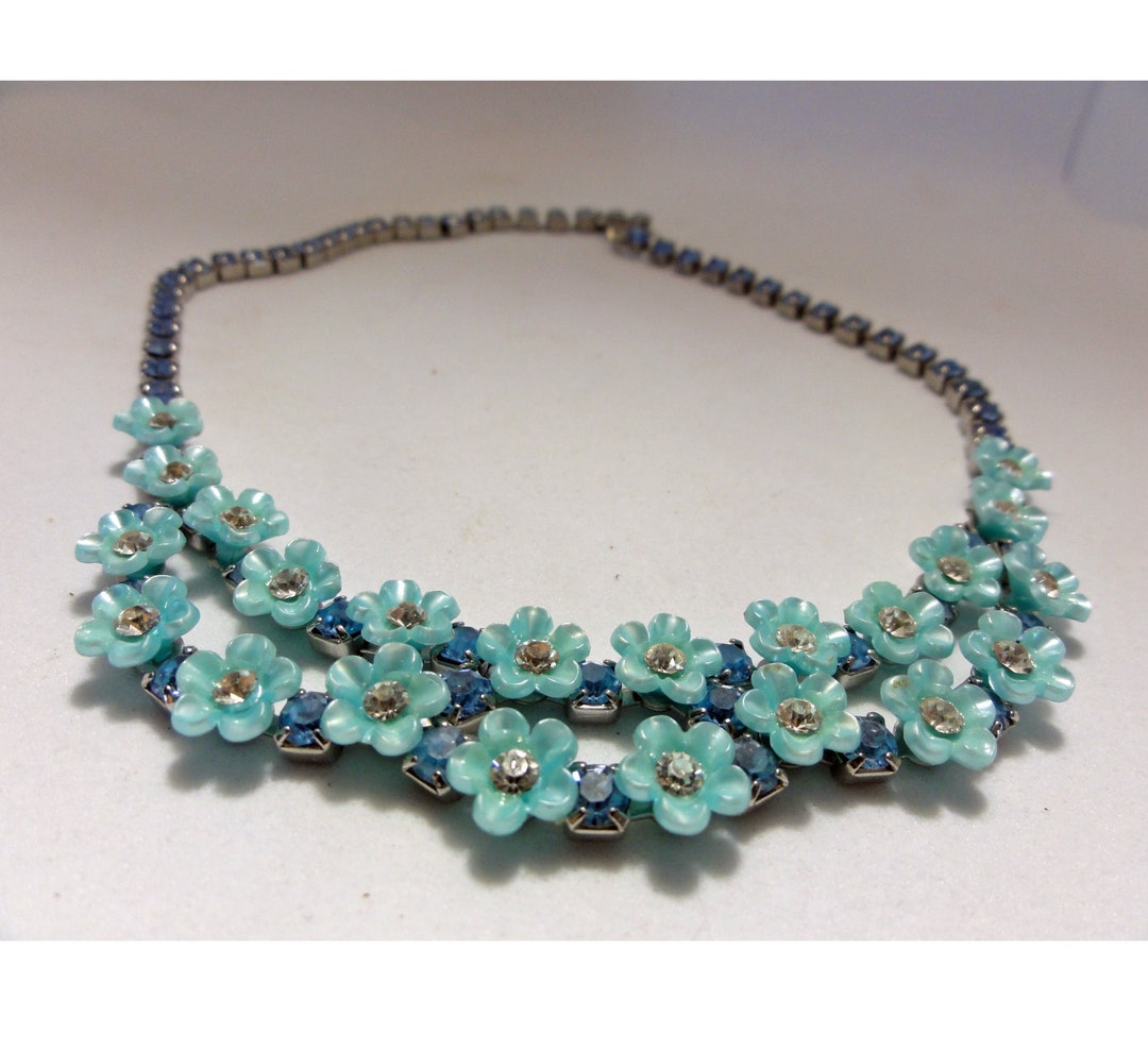 Vintage 1950s - 60s Necklace Blue Flowers and Rhinestone Choker Prom ...