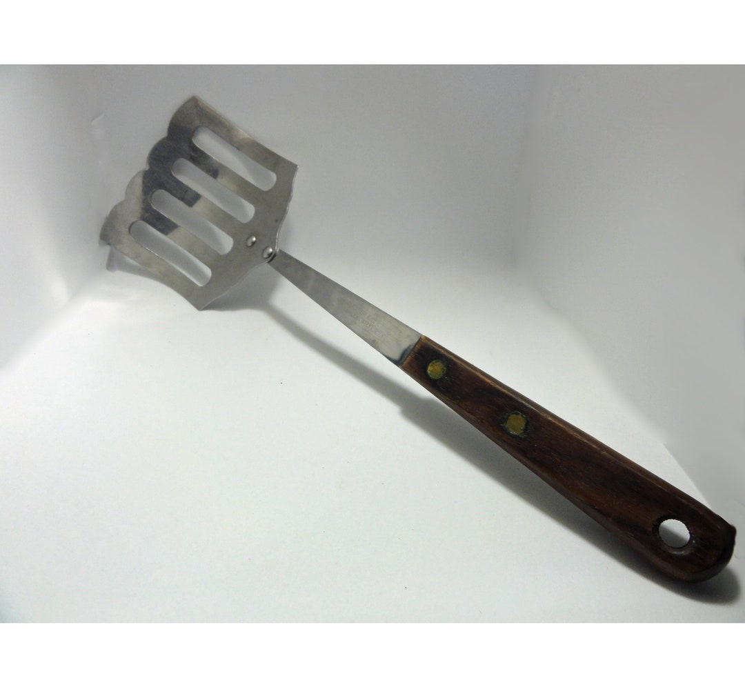 Vintage Curved Spatula Slotted Scalloped Turner Stainless Steel Wooden ...