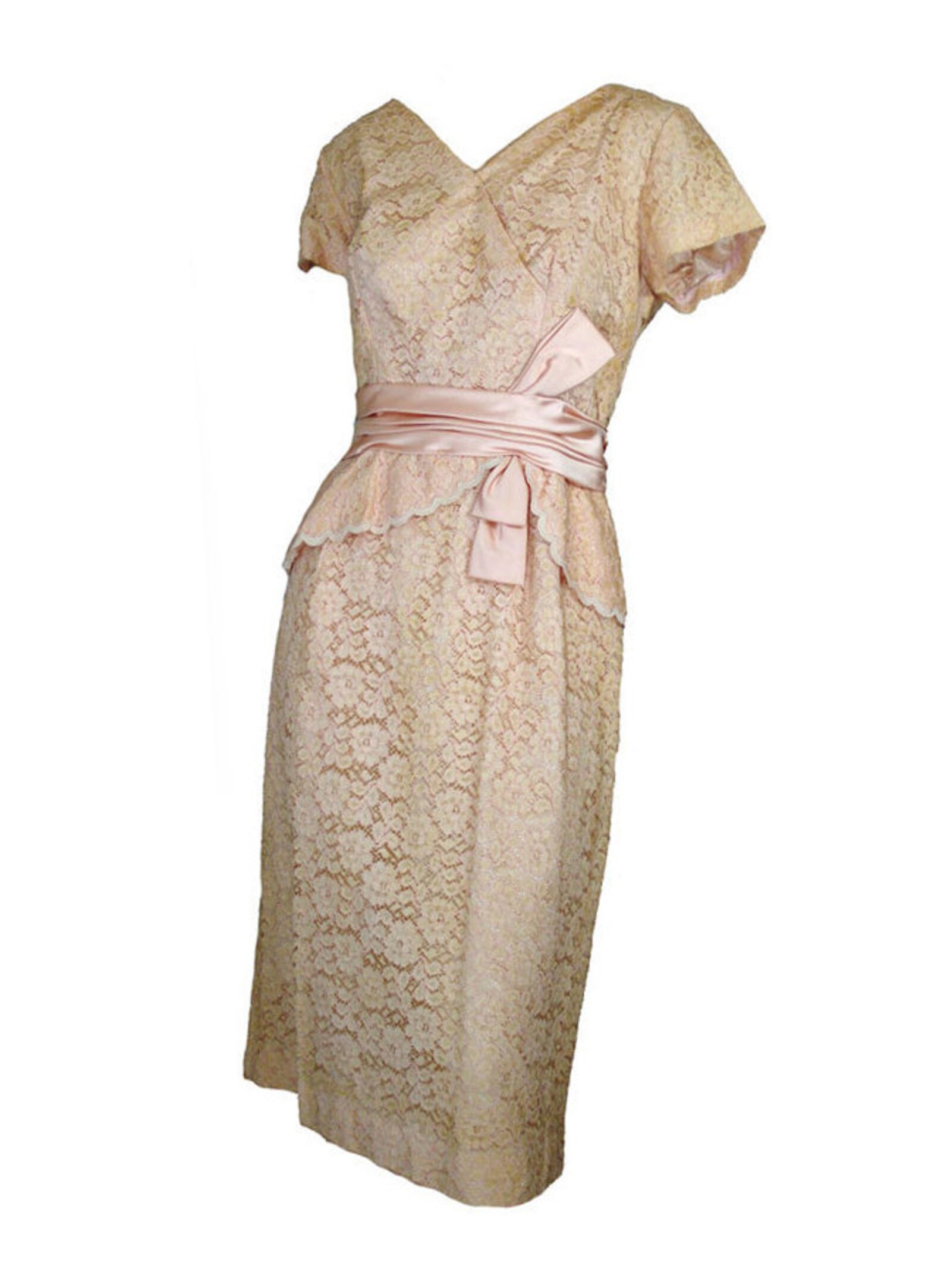 Vintage 50s Wiggle Dress Beige Lace Satin Bow Trim A Dubarry - Etsy