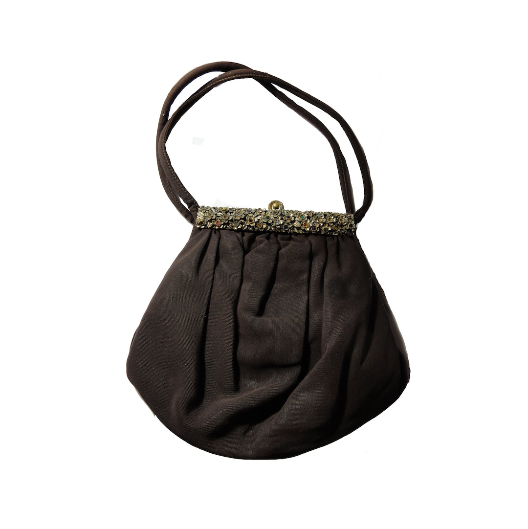 Vintage 1950s Purse Brown Faille Cloth Evening Bag Floral Rhinestone ...