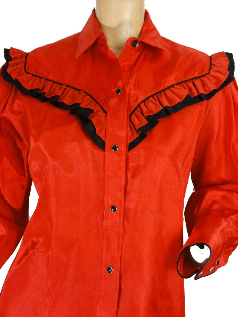1970s Western Shirt Red & Black Cowgirl Rodeo Blouse Ruffles Snaps Long ...