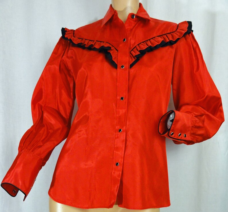 1970s Western Shirt Red & Black Cowgirl Rodeo Blouse Ruffles Snaps Long ...