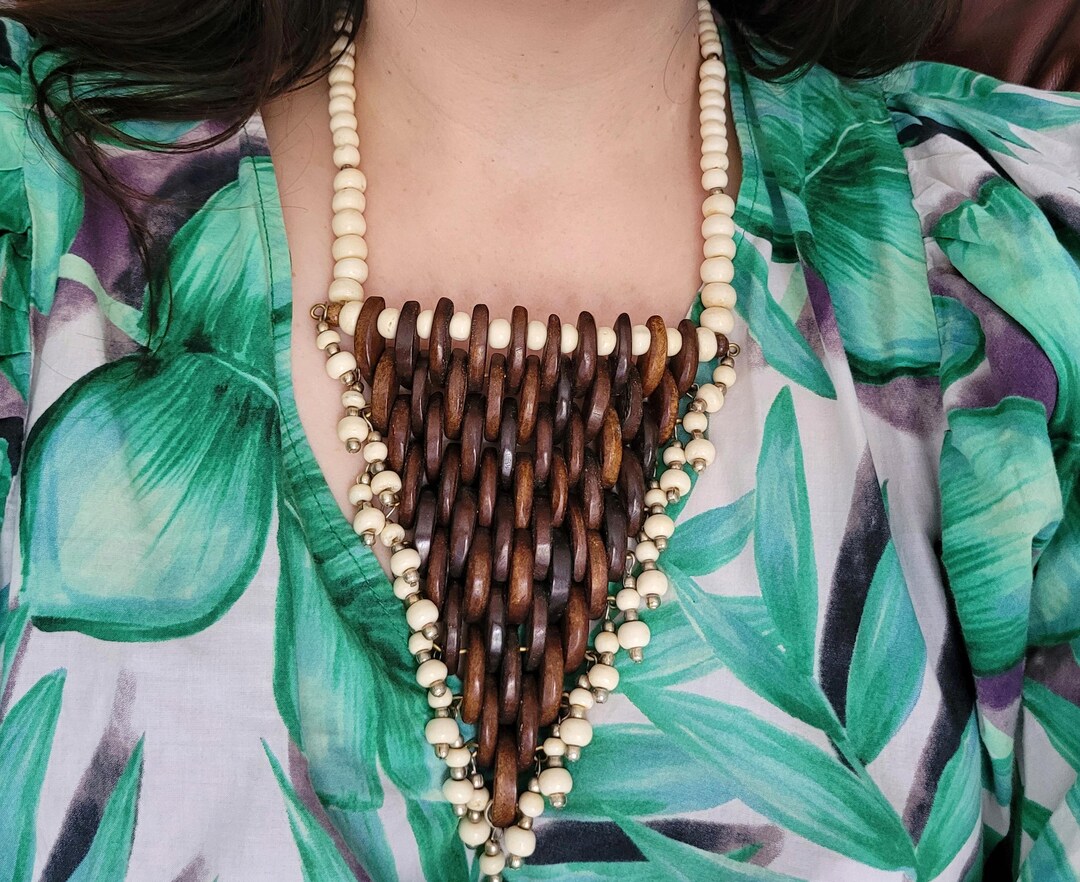 African Vintage Boho Wood & Bone Bib Beaded Necklace Statement Necklace ...