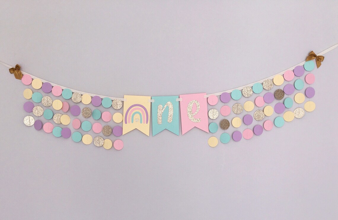 Pastel rainbow first birthday banner highchair banner cake | Etsy
