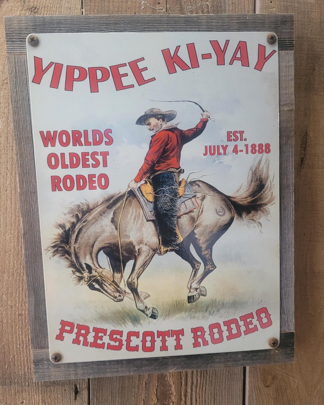 Vintage Prescott Rodeo Art Metal Sign Barn Wood Frame FREE SHIPPING - Etsy