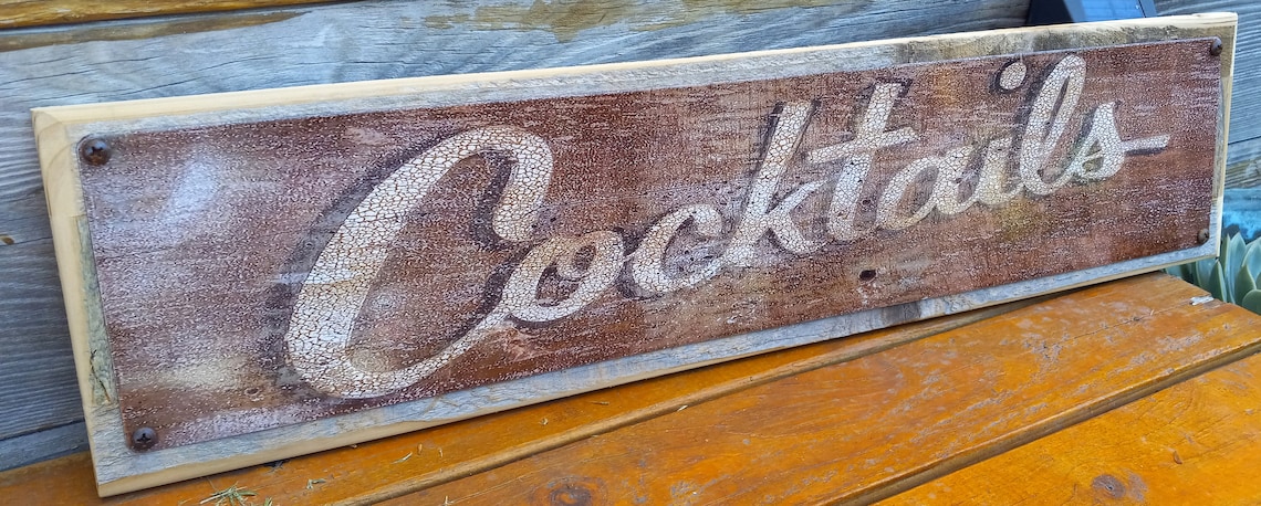 Vintage Cocktails Metal Sign Reclaimed Fence Wood Frame FREE SHIPPING ...