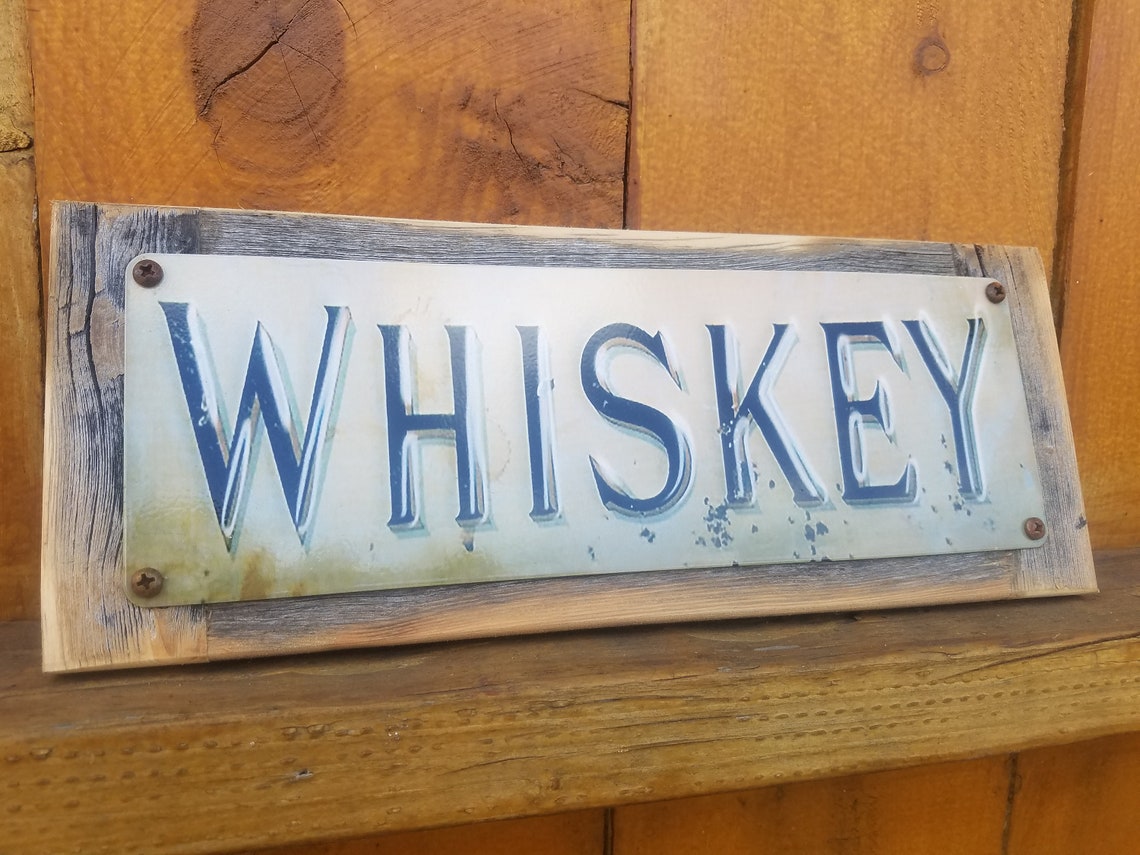 Whiskey Metal Sign Recycled Wood Frame Vintage Bar Decor | Etsy