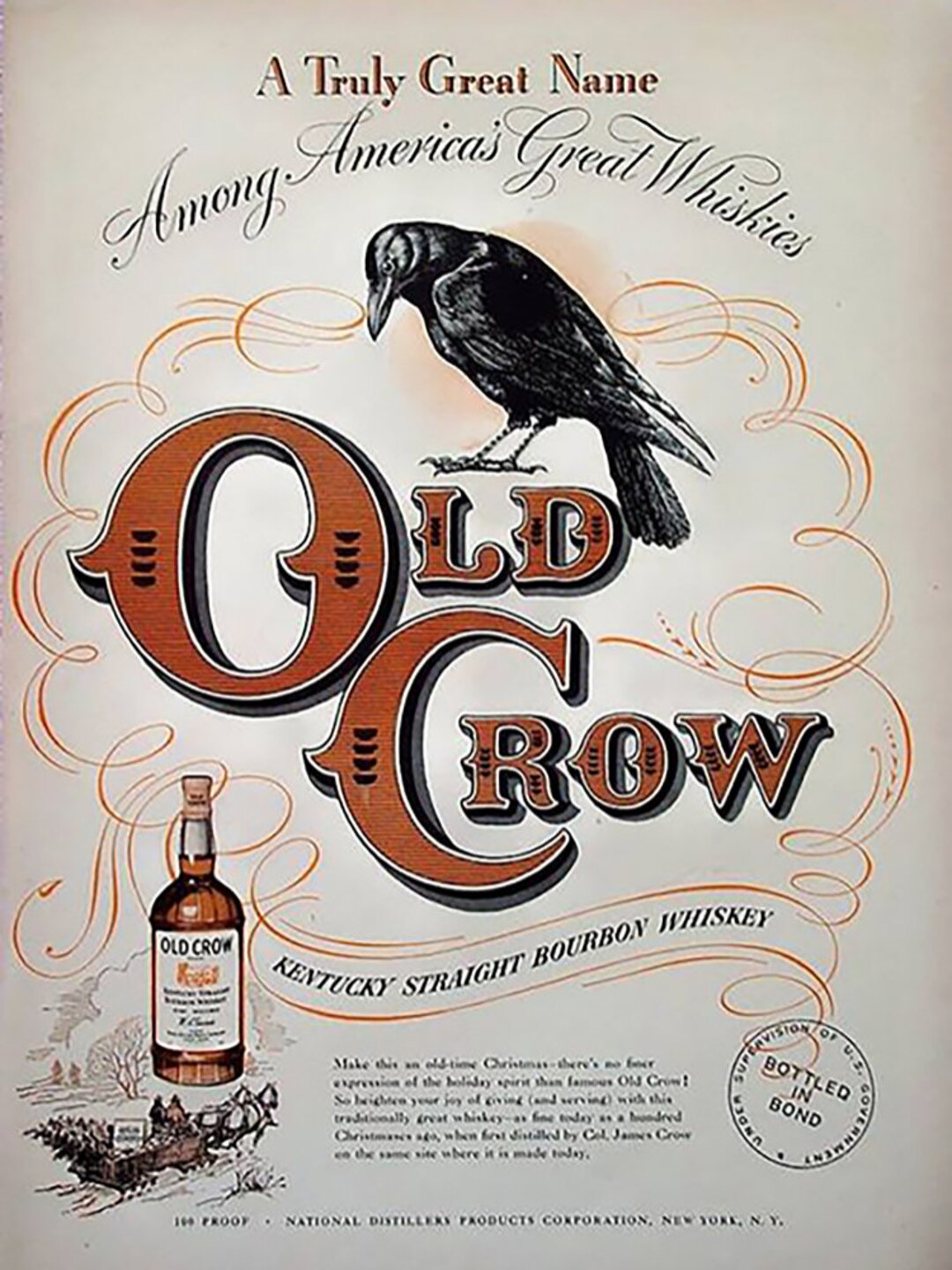 Vintage Old Crow Bourbon Bourbon Whiskey Ad Reproduction Metal Sign Bar ...