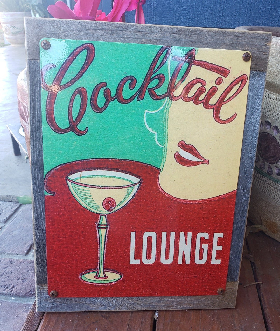 Cocktail Lounge Metal Sign Reclaimed Wood Frame FREE SHIPPING Home Bar ...