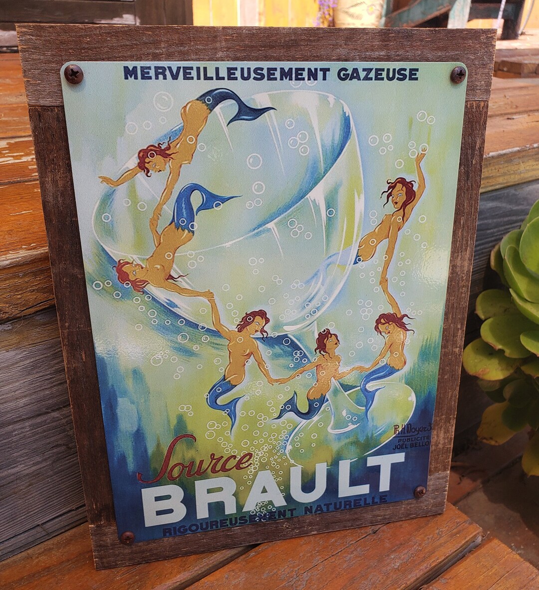 Vintage Brault Champagne Mermaids Poster Art Metal Sign Reclaimed Wood ...