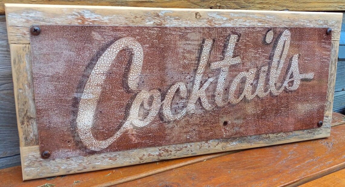 Vintage Cocktails Metal Sign Reclaimed Fence Wood Frame FREE SHIPPING ...