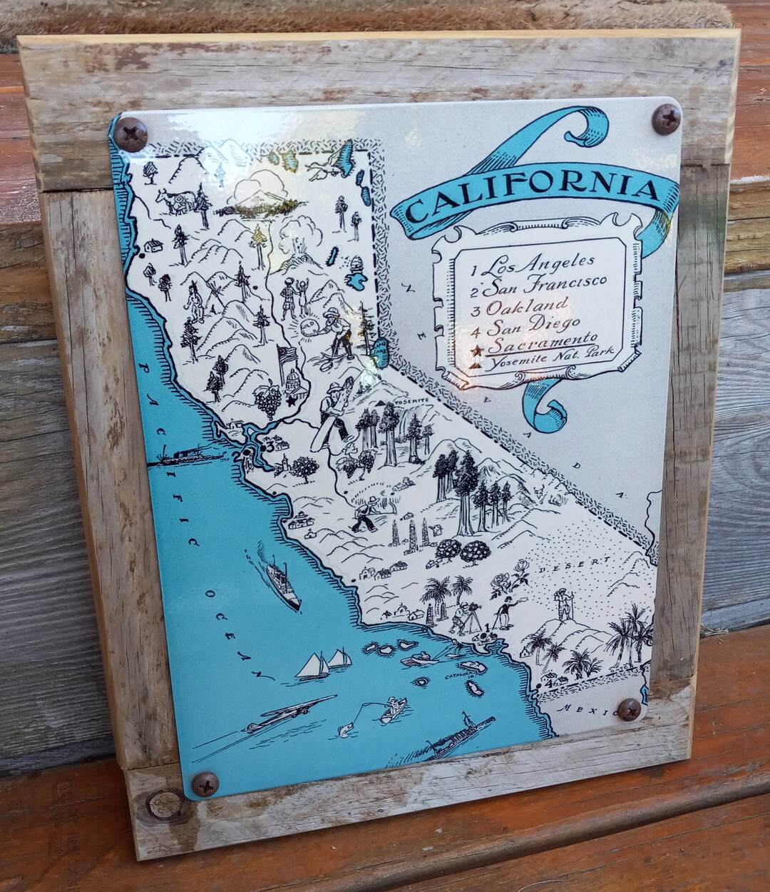 Vintage California Map Metal Sign Mounted on Reclaimed Wood Frame FREE ...