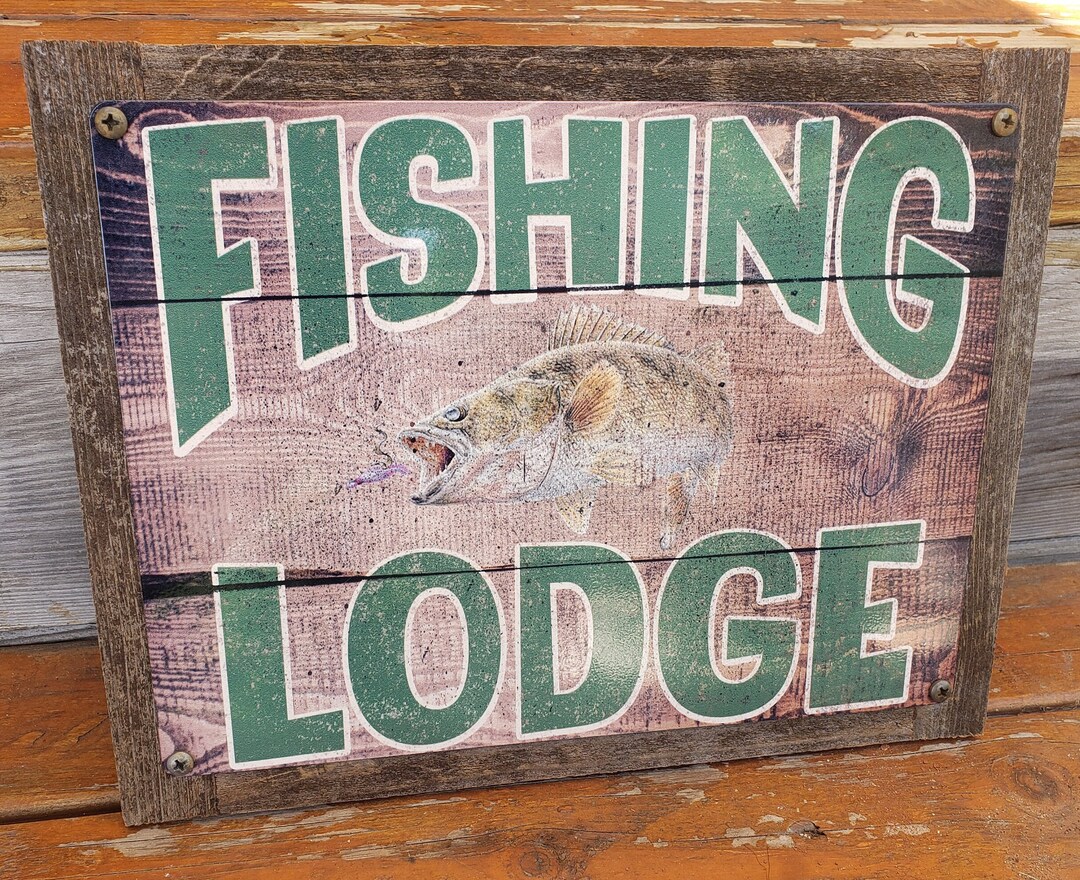 Vintage Fishing Lodge Metal Sign Reclaimed Wood Frame-cabin Decor - Etsy