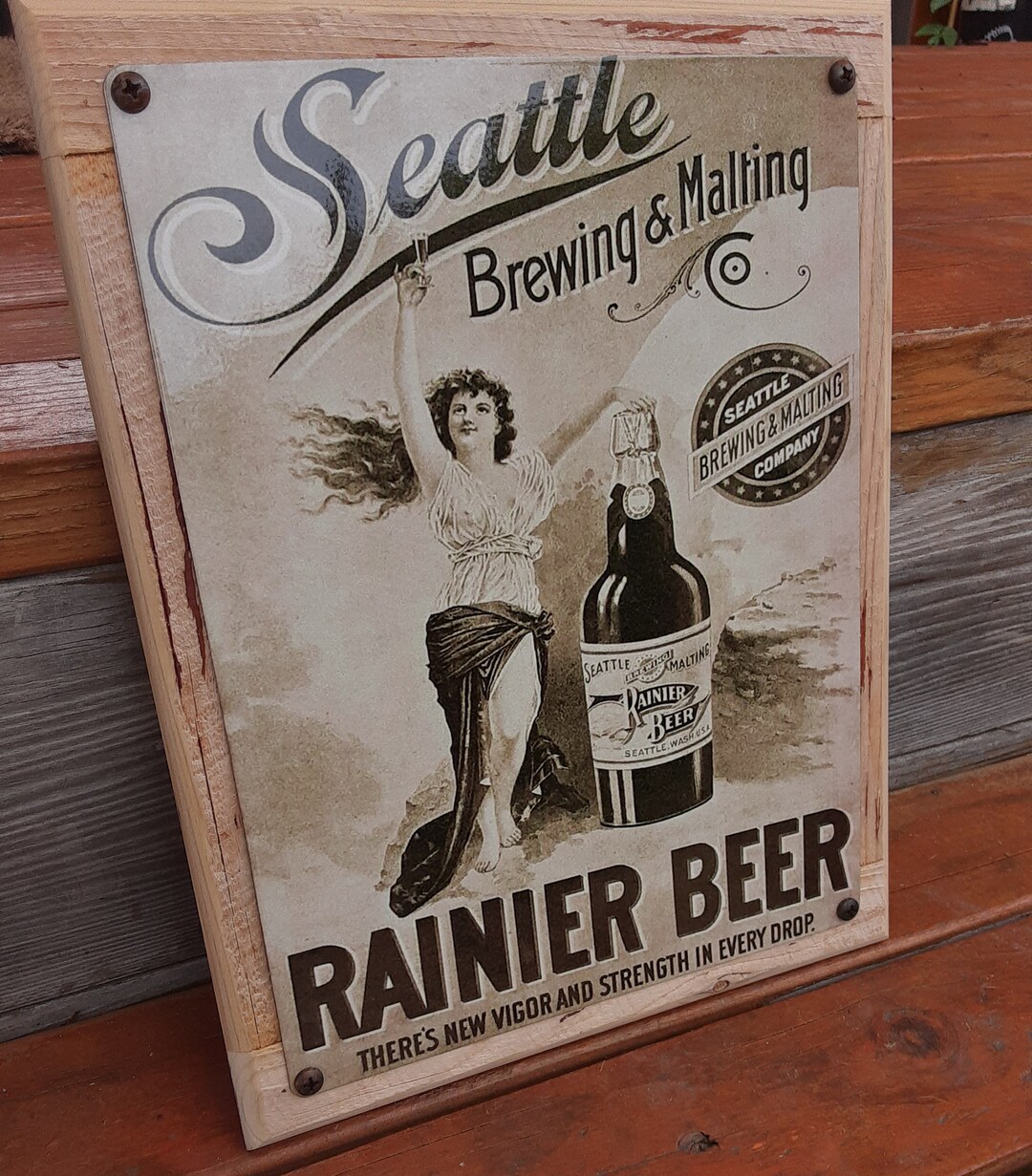 Vintage Seattle Rainier Beer Reproduction Metal Sign Barn Wood Frame ...