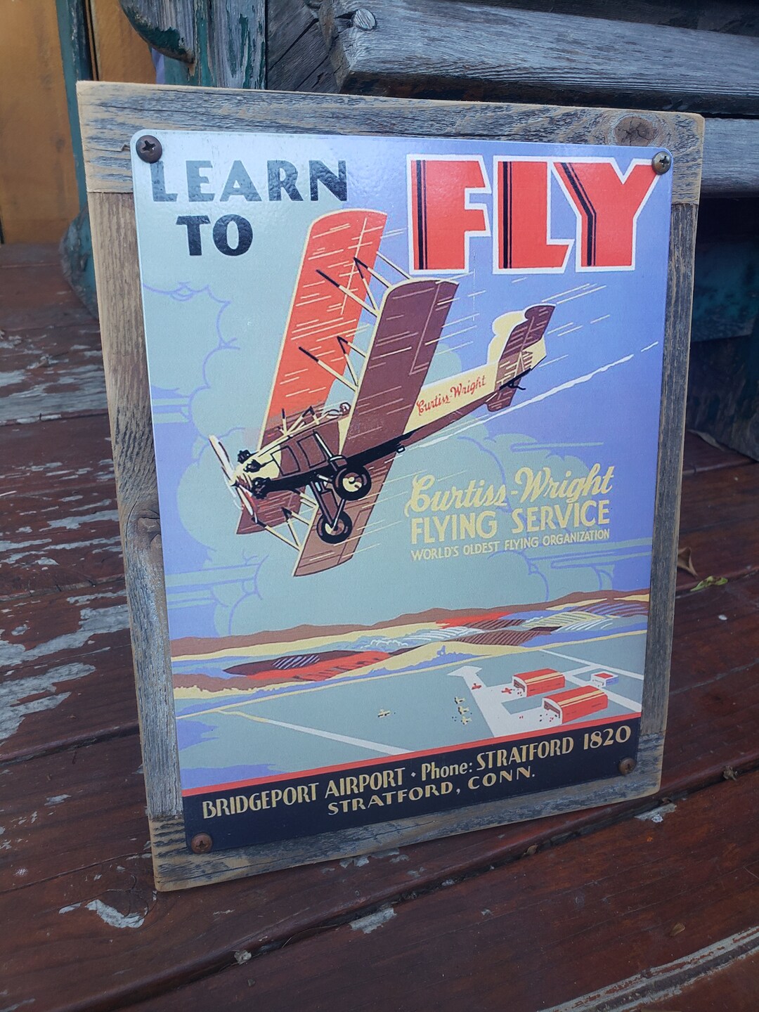 Vintage Learn to Fly Reproduction Metal Sign Wood Frame FREE SHIPPING ...
