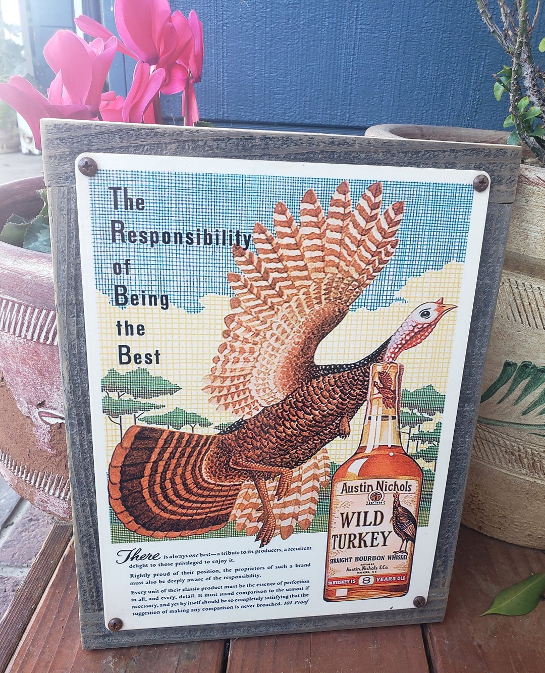 Vintage Wild Turkey Whiskey Ad Metal Sign Reclaimed Wood Frame FREE ...