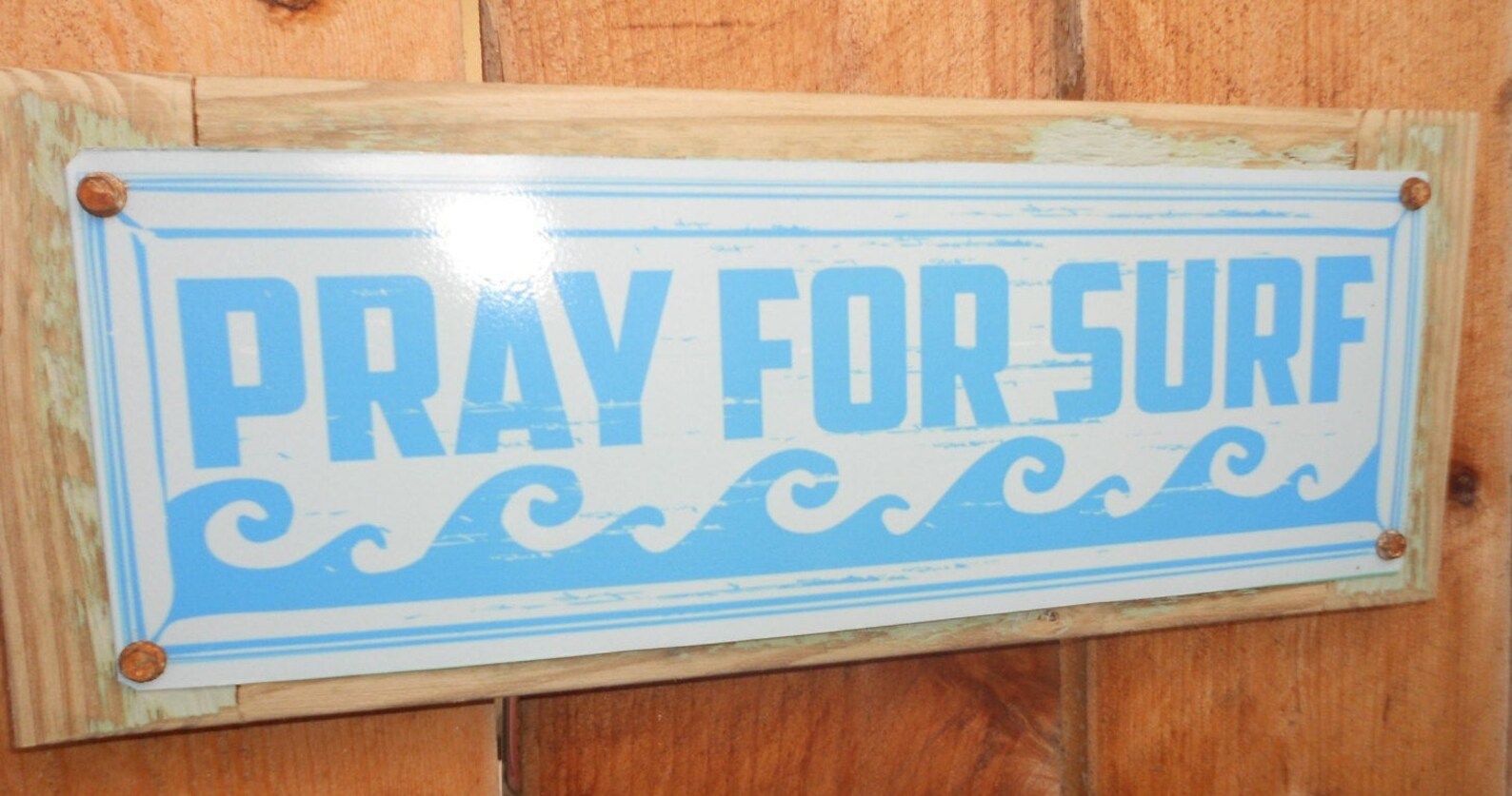 Pray for Surf Metal Sign Reclaimed Barn Wood Frame Beach Decor | Etsy