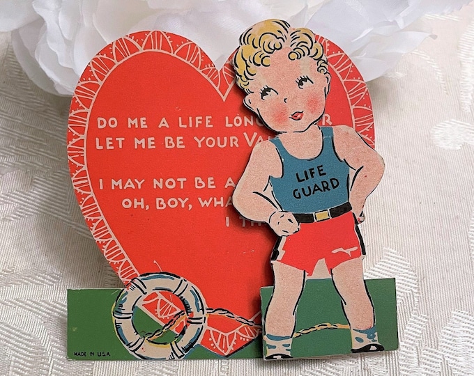 Antique Lifeguard Valentine’s Day Card Little Boy C 1930s 1940s Vintage ...