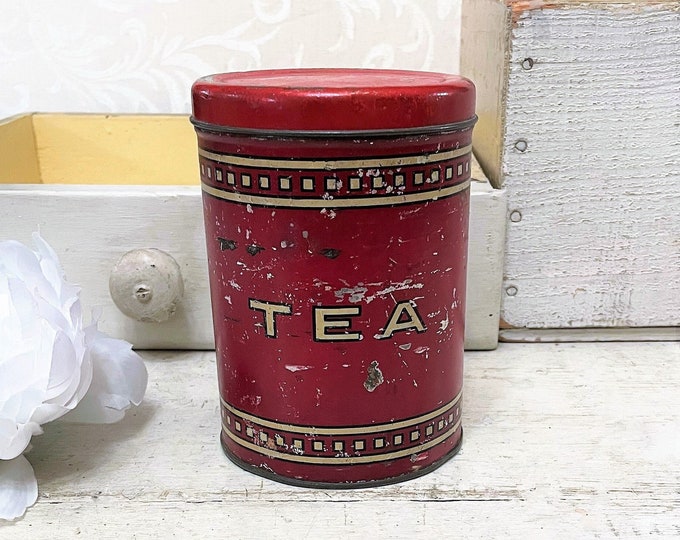 Small Art Deco Antique Tea Tin in Red Farmhouse Kitchen Décor Vintage C ...