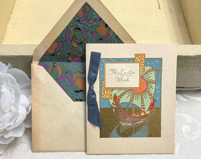 Vintage Art Deco Easter Card Ship or Boat W Stylized Sun on Sail W ...