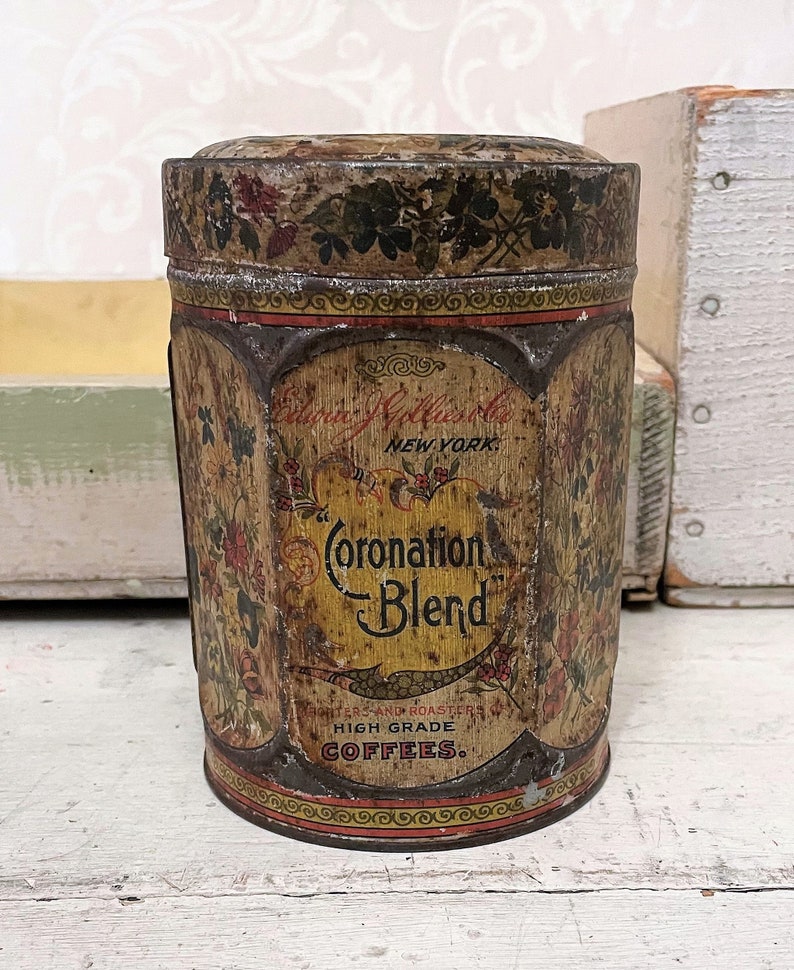 Rustic Antique Coffee Tin Small Floral Montage Botanical Flower Power ...